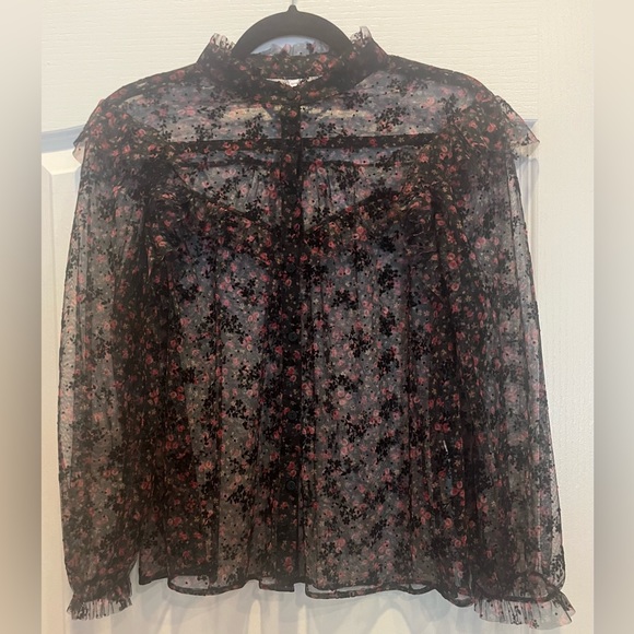Zara | Tops | Zara Floral Print Long Sleeve Ruffle Blouse Medium ...